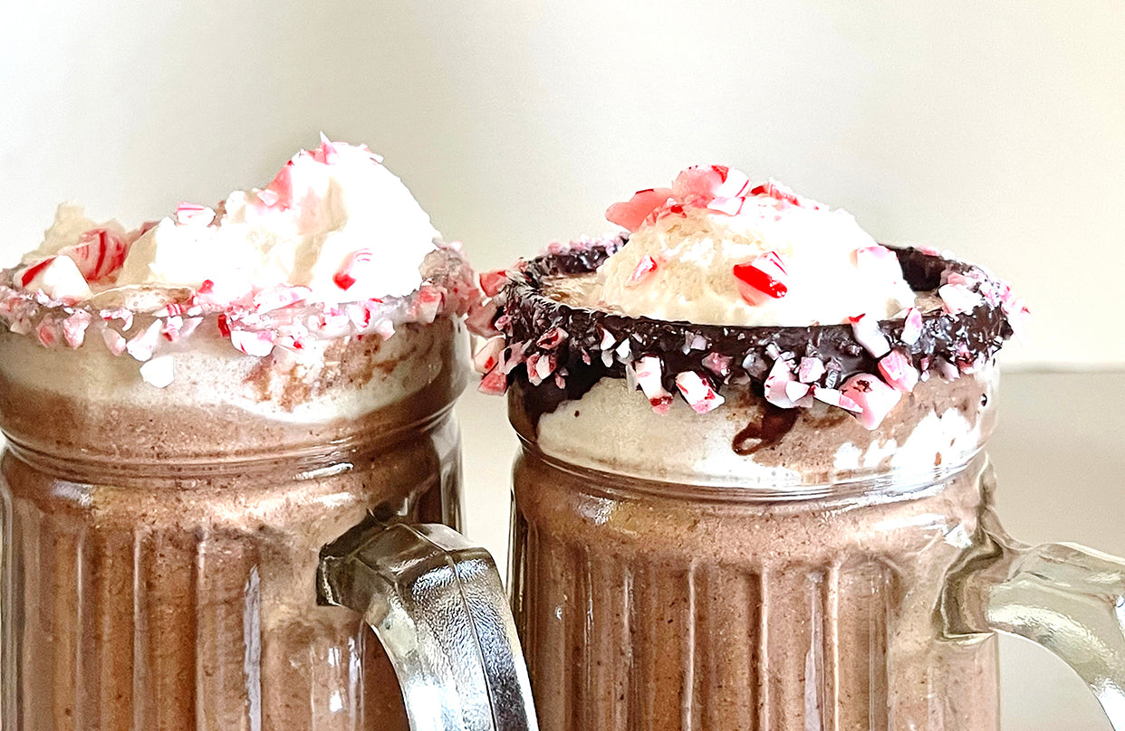 Hot Chocolate in a Candy Cane Rimmed Glass - Pascha Chocolate Co